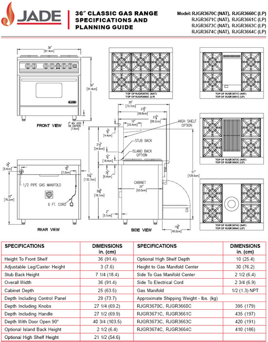 Jade 36" Classic Gas Range, Model # RJGR3670C